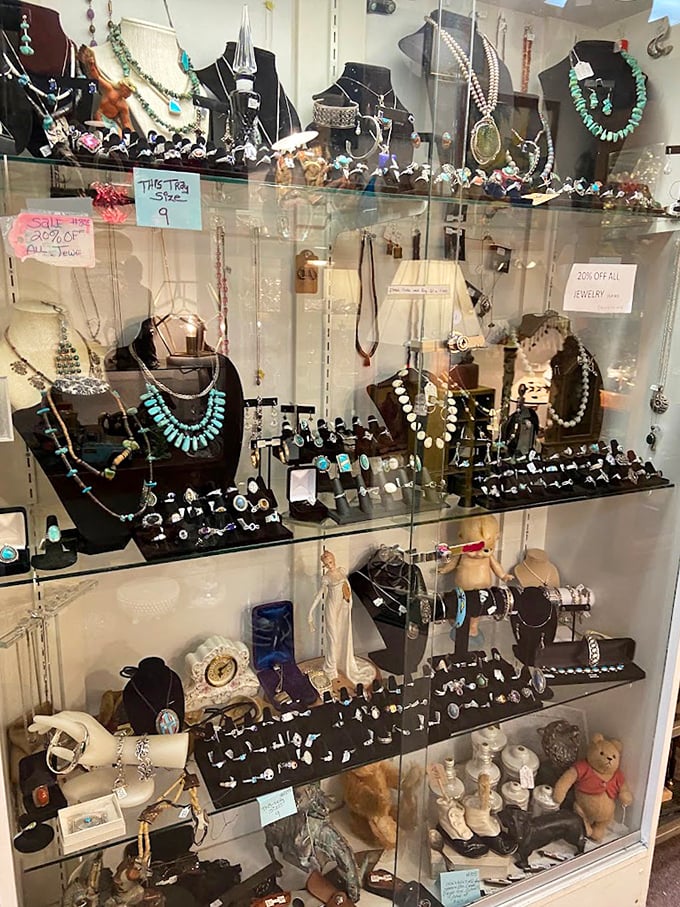 Turquoise jewelry gleams alongside vintage teddy bears—proof that accessorizing has always been an art form. That necklace? Pure Southwestern swagger.