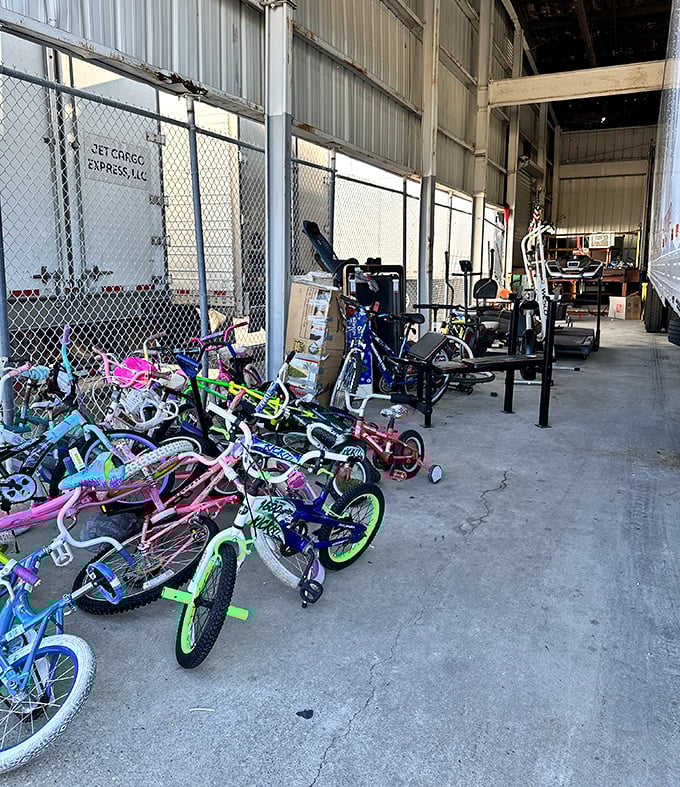 A rainbow fleet of children's bikes awaits new adventures. Remember when transportation was this simple and colorful?
