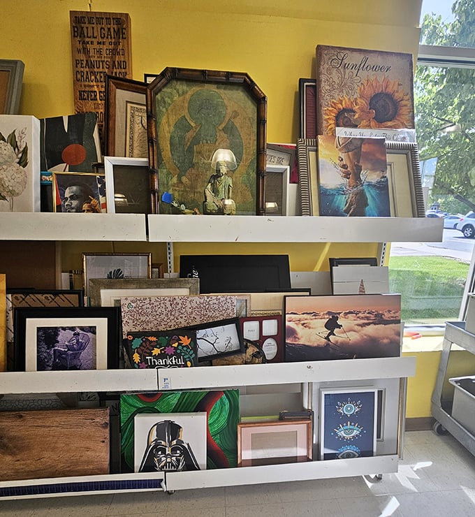 Wall art roulette! From Darth Vader to sunflowers, religious icons to sports memorabilia—someone's former decor is about to become your conversation starter.