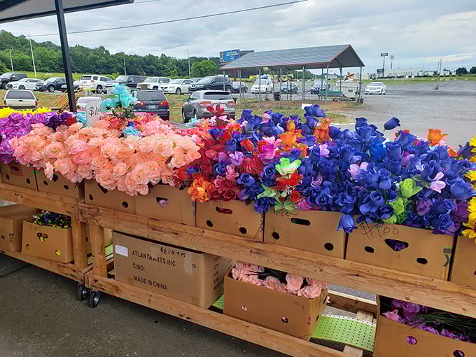 A rainbow explosion of artificial flowers stretches to the horizon—proof that in Tennessee, gardens can bloom in cardboard boxes.