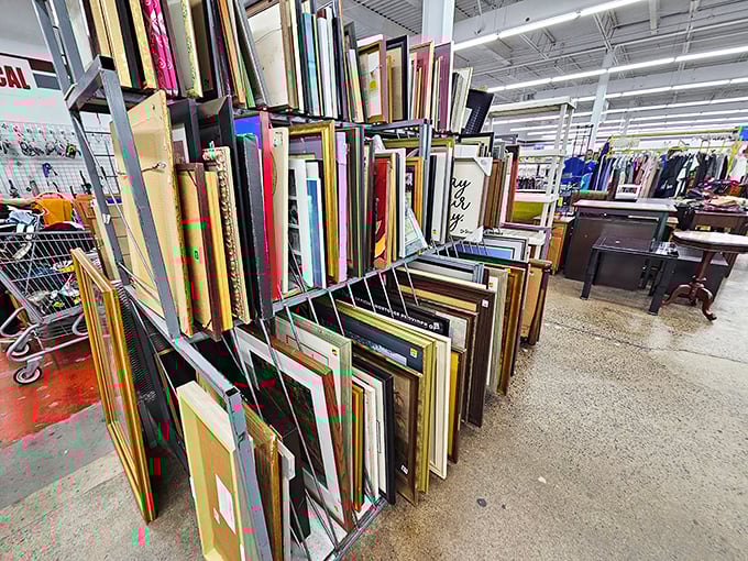 Frame hunters rejoice! This metal rack holds potential homes for everything from family photos to thrift store art finds.