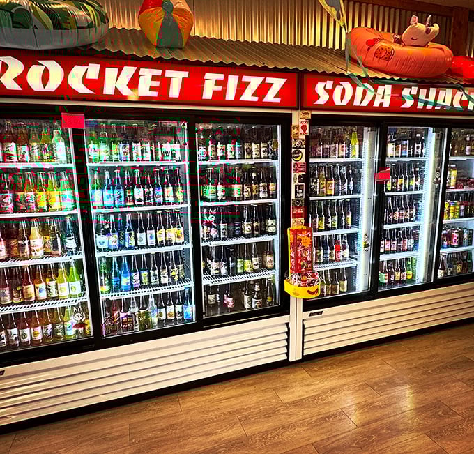 Rocket Fizz's wall of nostalgia in liquid form. More flavors than your childhood memories could possibly contain, all neatly refrigerated.