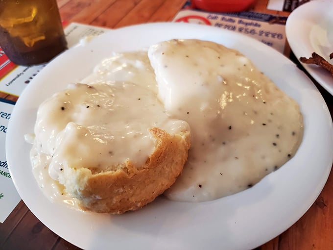 The holy grail of Southern comfort—biscuits swimming in pepper-flecked gravy that's thick enough to stand a spoon in. Diets beware.