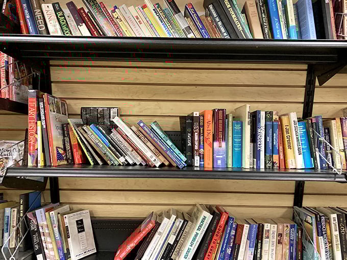 Literary treasures stacked spine-to-spine. For the price of a fancy coffee, you could walk away with an armload of worlds to explore.