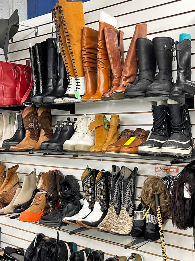 Boot boulevard showcases footwear from cowboy classics to winter warriors. Those knee-high leather beauties probably cost someone a week's salary when new.