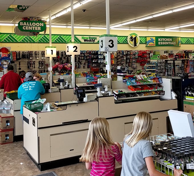 The checkout area—where friendly faces and balloon services transform your bargain quest into a complete shopping experience.