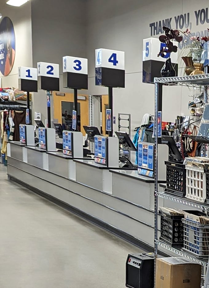 Checkout lanes numbered like a friendly countdown. Your wallet remains happily full while your shopping bags overflow with finds.