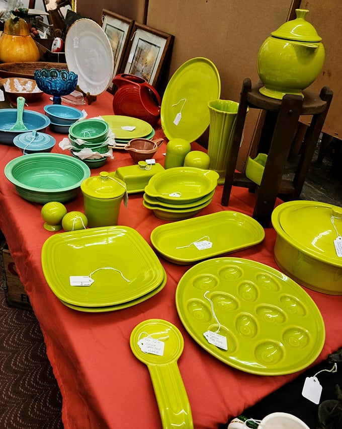 That lime green Fiestaware collection isn't just kitchenware—it's a mid-century color explosion that would make Julia Child smile.