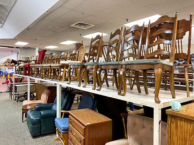 Chair heaven or wooden throne room? Either way, there's a seat here with your name on it—metaphorically speaking.