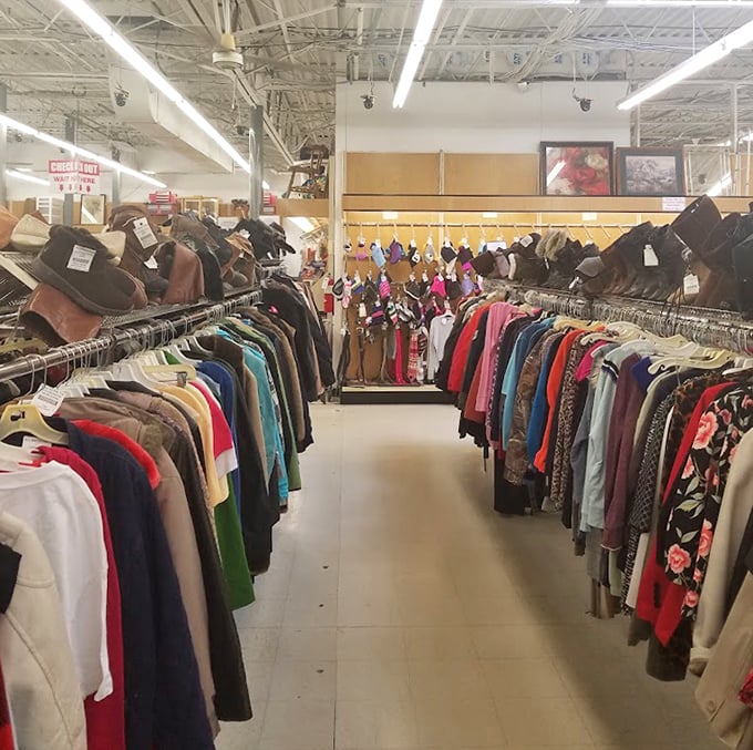Clothing racks packed with fashion history – where vintage treasures hide between last season's castoffs. The thrill of the hunt is half the fun.