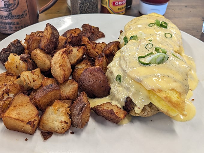 Benedict dishes get a makeover with BBQ-seasoned potatoes that could make a Southerner weep with joy. The hollandaise sauce glistens like morning sunshine.
