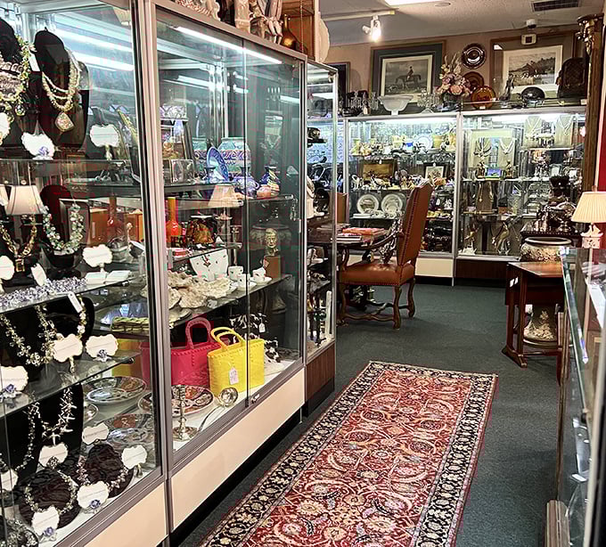 Glass cases protecting memories and masterpieces alike—jewelry and collectibles waiting for their next chapter in someone's home story.