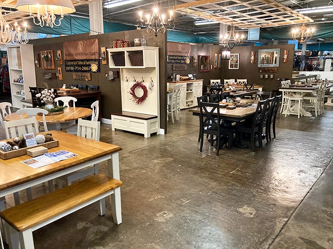 Farmhouse chic meets industrial cool in this furniture gallery. The perfect dining set exists somewhere between "grandma's house" and "Brooklyn loft."