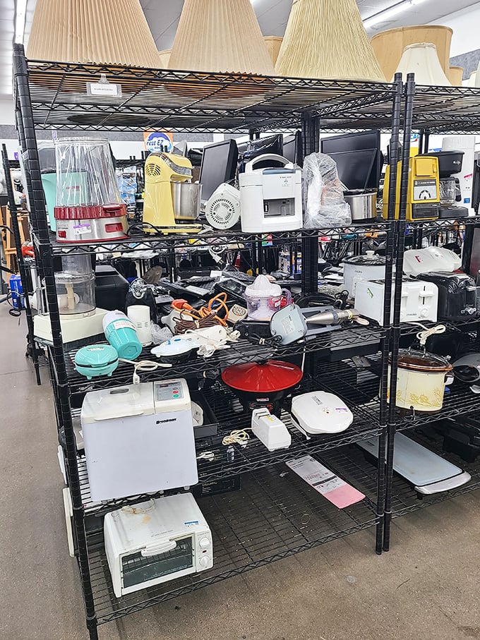 Small appliance heaven awaits the practical shopper—coffee makers, toasters, and bread machines that might have only made Sunday brunch twice.