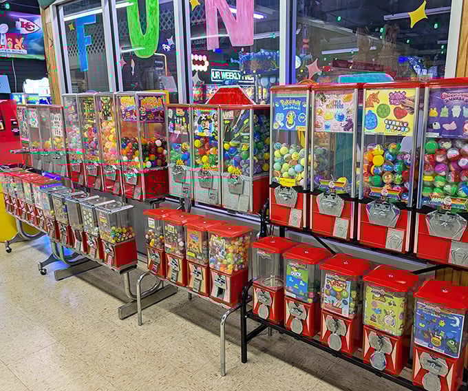 Rows of colorful gumball machines stand ready to make kids of all ages smile with nostalgic joy.