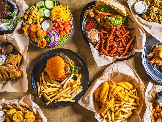 Food that demands to be photographed before eaten—a tabletop spread showcasing the full spectrum of Southern comfort on display.