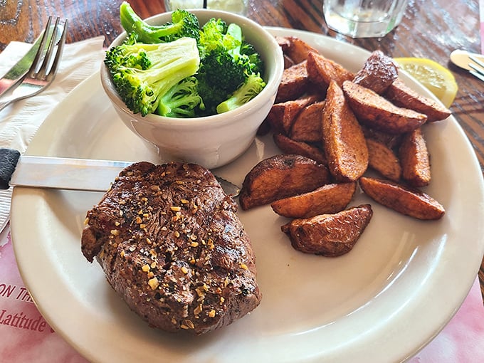 Steak that means business, potatoes that comfort, and broccoli that makes your mother proud. The holy trinity of a proper dinner.