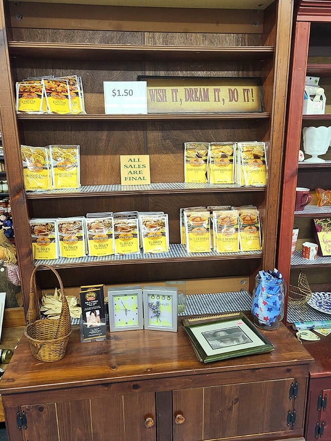 Recipe mixes line wooden shelves like culinary promises, each packet whispering of comfort food dinners without the fuss of measuring.