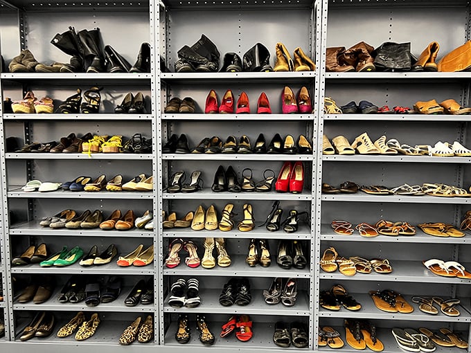 The shoe section presents a Cinderella scenario for the budget-conscious—somewhere in these rows is the perfect pair waiting for its second dance.