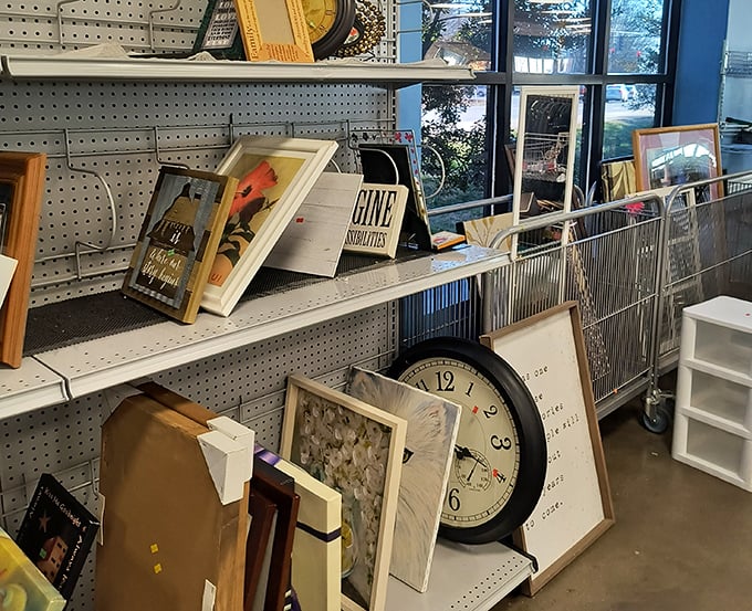 The wall art selection offers everything from "grandma's attic" to "surprisingly sophisticated"—someone's discarded memories waiting for new walls.