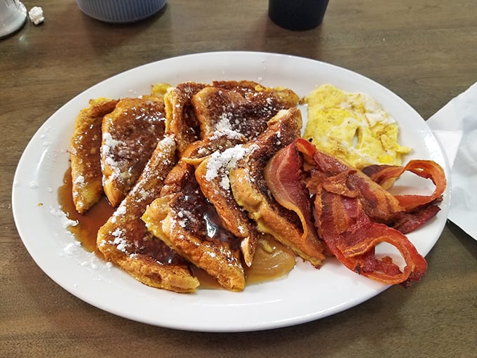 French toast that's achieved golden-brown perfection, dusted with powdered sugar and served with a side of "I'll-diet-tomorrow" bacon. Breakfast nirvana exists in Romney.