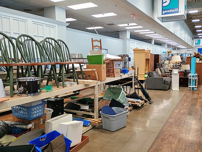 Furniture finds that span decades sit patiently waiting for their next home—that green chair might have stories to tell from three families ago.