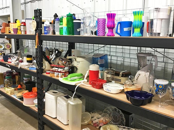Colorful pitchers and kitchen gadgets galore—like raiding your grandmother's cupboards if she collected every serving piece since 1962.