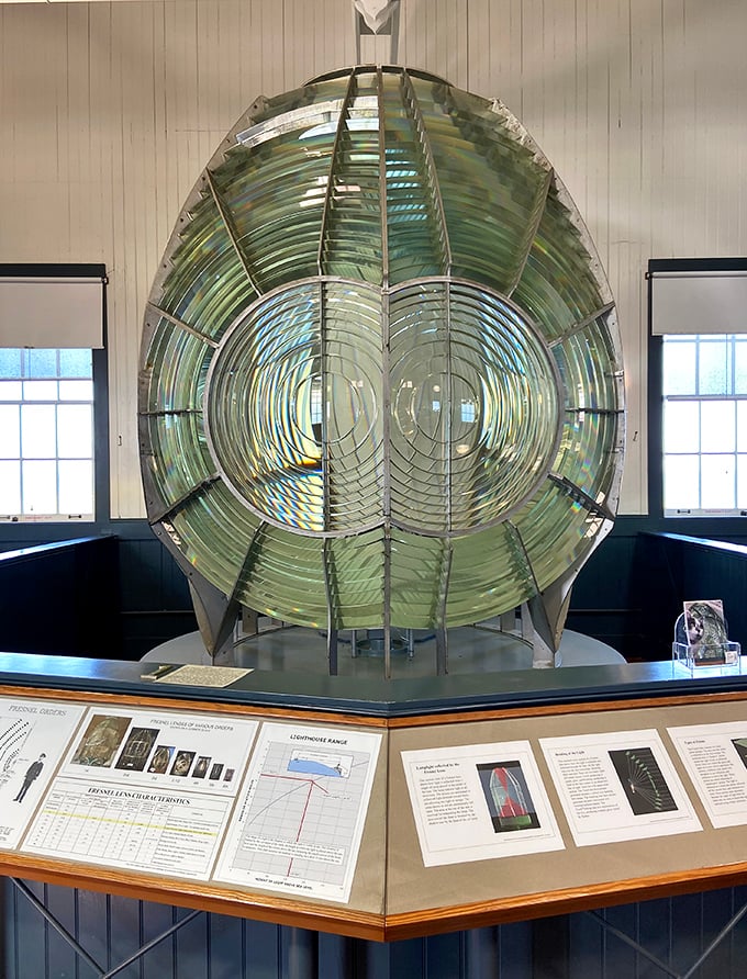 The historic Fresnel lens, a masterpiece of 19th-century engineering, once projected light visible 20 miles out to sea—the original high-tech lifesaver.