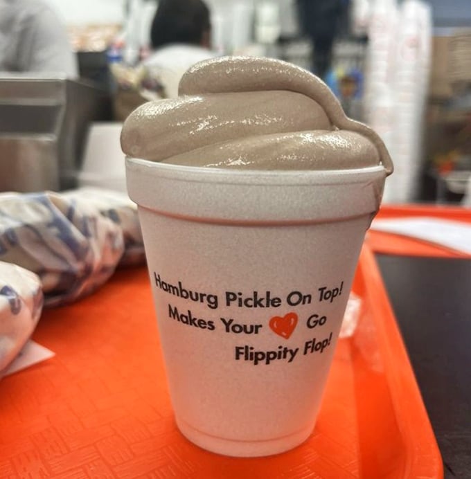 "Hamburg Pickle On Top! Makes Your Heart Go Flippity Flop!" isn't just cute marketing—it's the mantra of a malt that's thick enough to require serious straw commitment.