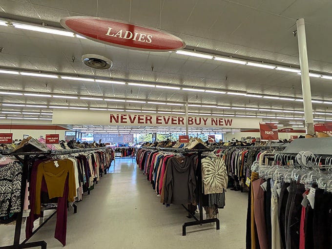 "Never Ever Buy New" proclaims the sign, and with selection like this, why would you? Fashion recycling at its most magnificent.