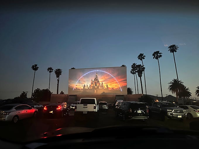 Movie magic begins with the Disney castle—palm trees silhouetted against the twilight sky create California's perfect theater setting.