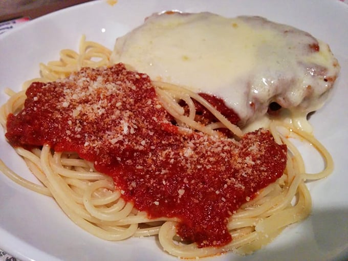 Italian comfort meets Midwestern portions in this classic pasta dish – where the sauce-to-noodle ratio achieves perfect harmony.
