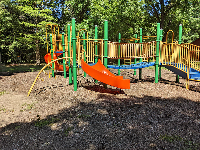 Colorful playground equipment invites the young (and young-at-heart) to play. This vibrant recreational space offers slides, climbing structures, and the inevitable skinned knees of childhood adventure.
