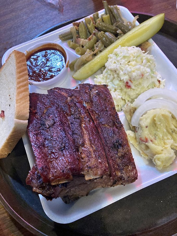 Behold the ribs—their bark so perfect it should be in a museum, sitting alongside potato salad that didn't come from any grocery store.