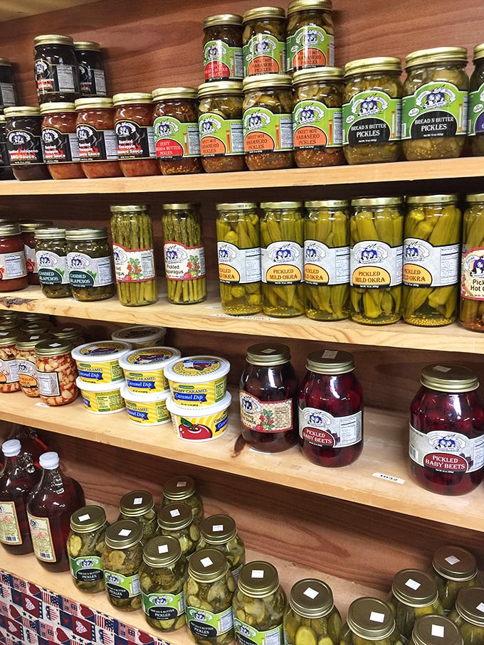 Southern pantry perfection! These homestyle pickles, relishes, and preserves line the shelves like edible time capsules of Mississippi flavor traditions.
