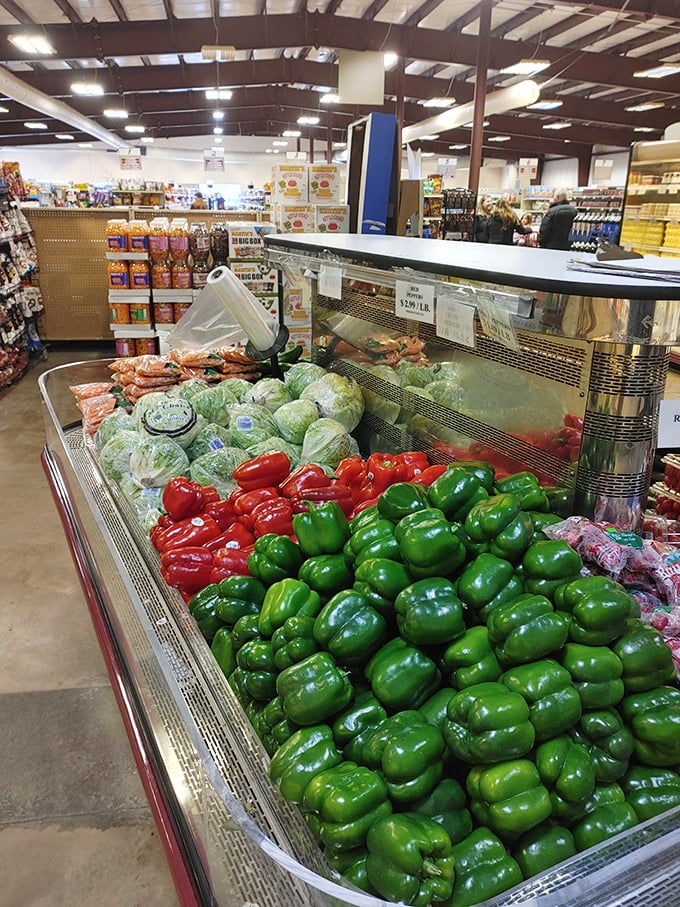 Fresh produce that doesn't require a second mortgage. Those green peppers are practically doing jazz hands to get your attention.