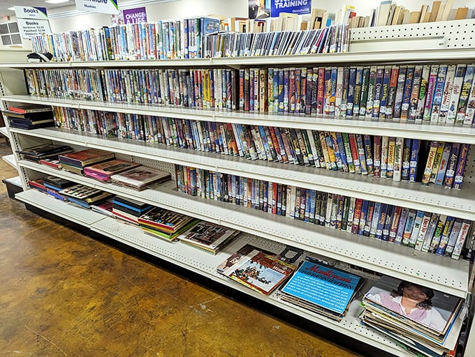 The media section—a time capsule where forgotten films and yesterday's blockbusters patiently wait for their encore viewing.