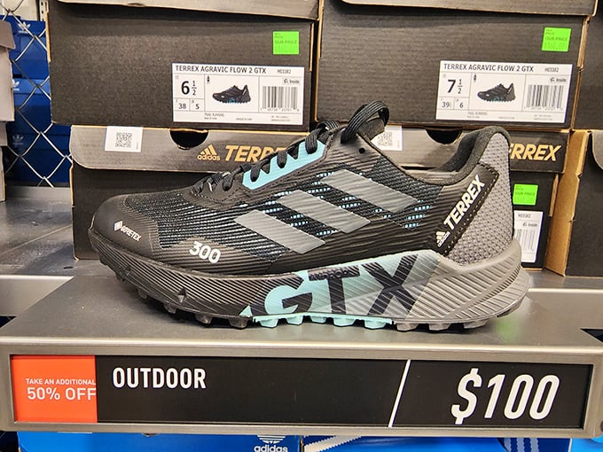 Athletic ambition meets outlet pricing. These Adidas trail runners might not make you faster, but your wallet will certainly feel lighter.
