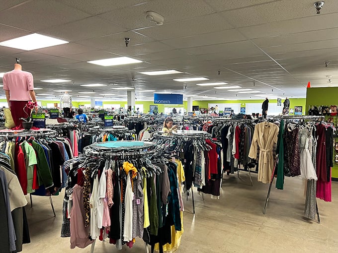 The women's clothing section—where vintage blazers and contemporary pieces create a fashion time machine that spans decades of style evolution.