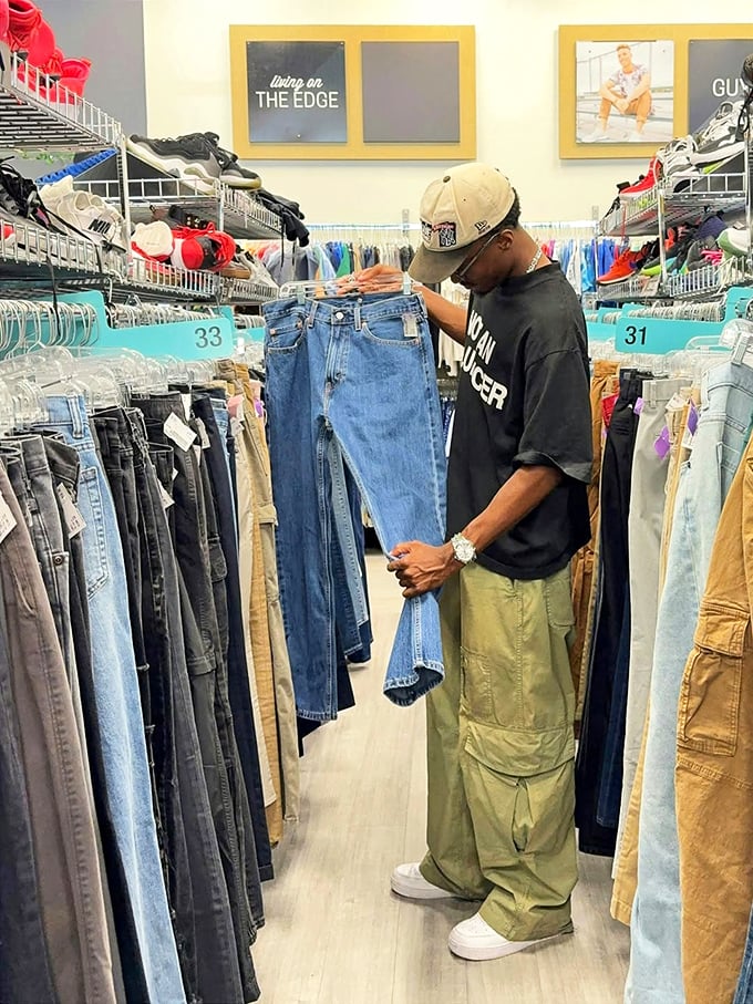 The denim detective at work—finding that perfect pair of jeans is serious business and worthy of careful consideration.