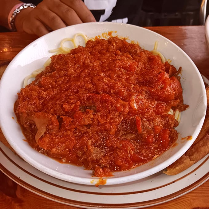 Spaghetti with meat sauce that would make any Italian grandmother nod in approval – proof that Country Omelet knows comfort food extends beyond breakfast.
