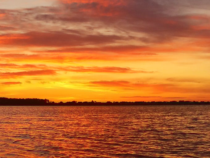 Nature's fireworks display costs nothing but your attention, turning Indian River Bay into a canvas of impossible oranges and reds.