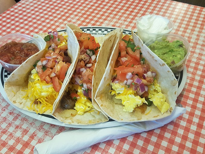 Breakfast tacos bursting with scrambled eggs and fresh pico de gallo—proof that diners can venture beyond the classics.