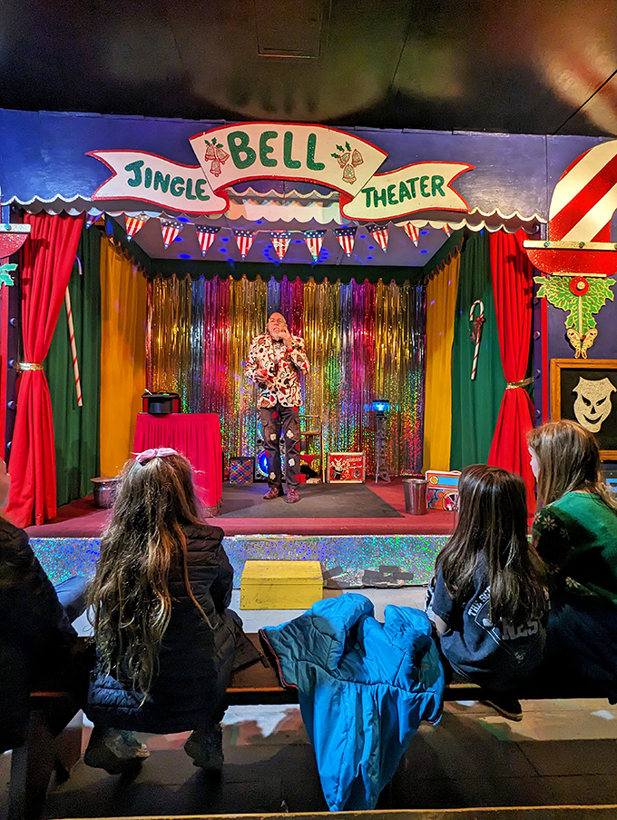 Live entertainment at the Jingle Bell Theater keeps families laughing together—a commodity more valuable than gold lately.