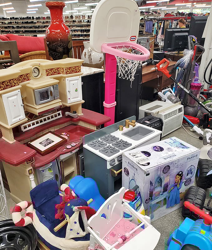 Childhood dreams at discount prices—where else can you find a play kitchen, basketball hoop, and nautical-themed decor all in one chaotic, wonderful aisle?