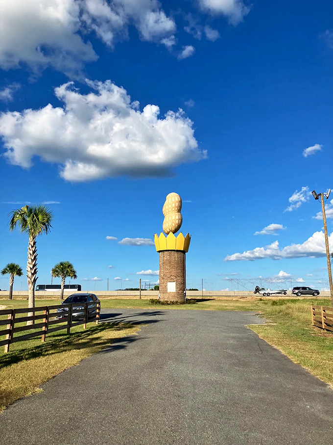 Palm trees and peanuts—a uniquely Georgian pairing. The pathway invites visitors to approach the monument from every angle for that perfect vacation shot.