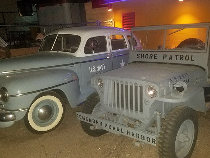 Military history meets movie magic with these vintage vehicles—a patriotic touch that adds character to this desert cinema.