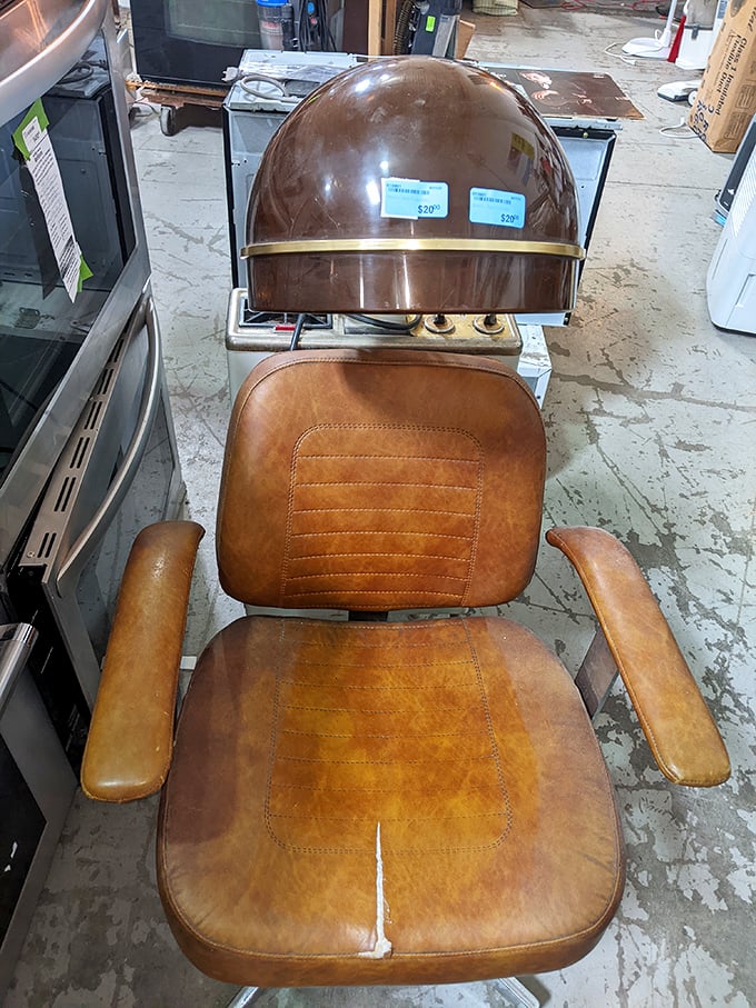 Not just any chair—a vintage salon hair dryer that's seen more hairstyle trends than a retrospective of yearbook photos.