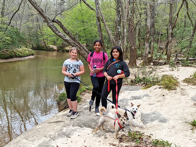 The joy of discovering creekside treasures with four-legged companions—proof that the best adventures don't require Wi-Fi, just wagging tails.
