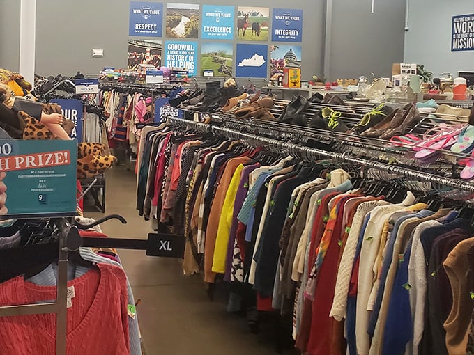 Rows upon rows of garments tell silent stories of previous lives. Each hanger holds potential—a designer label, vintage treasure, or just the perfect shade of yellow you've been seeking.